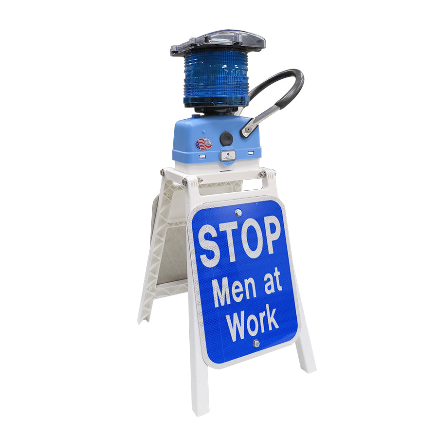 Portable Stand With M500-SOLAR B and 9x12 Blue Stop Men at Work signs ...