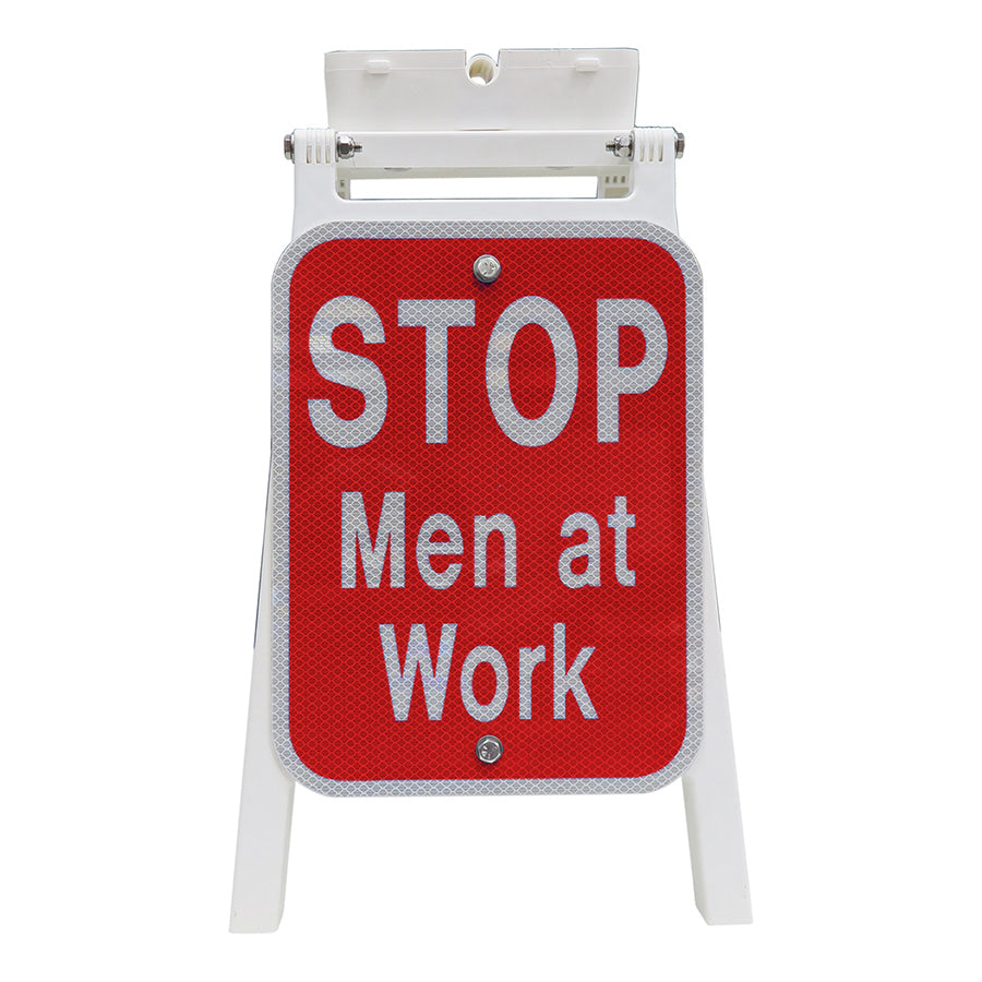 PORTABLE STAND WITH 9"X12", RED STOP MEN AT WORK SIGNS, HIP REFLECTIVE ...