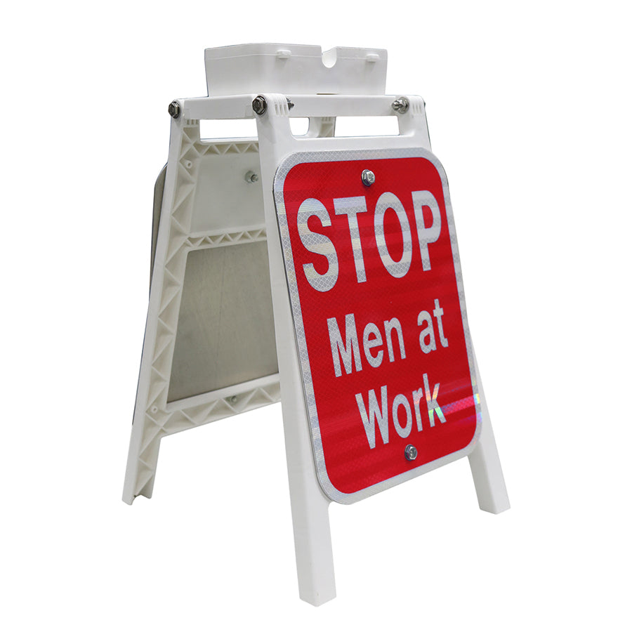 PORTABLE STAND WITH 9"X12", RED STOP MEN AT WORK SIGNS, HIP REFLECTIVE ...